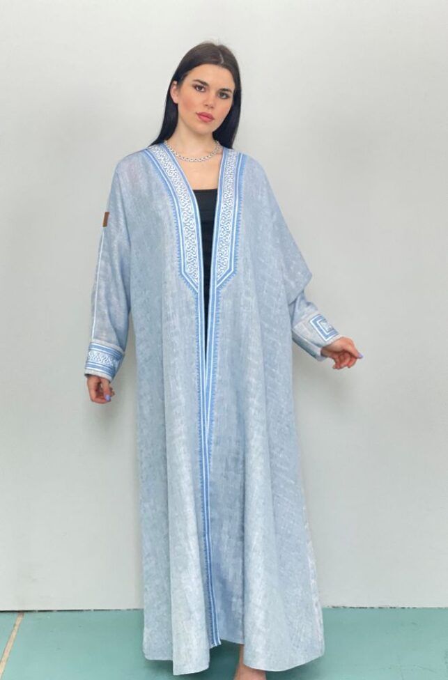Modern Abaya, linen materials with cursive embroidery - +973 Artisanat